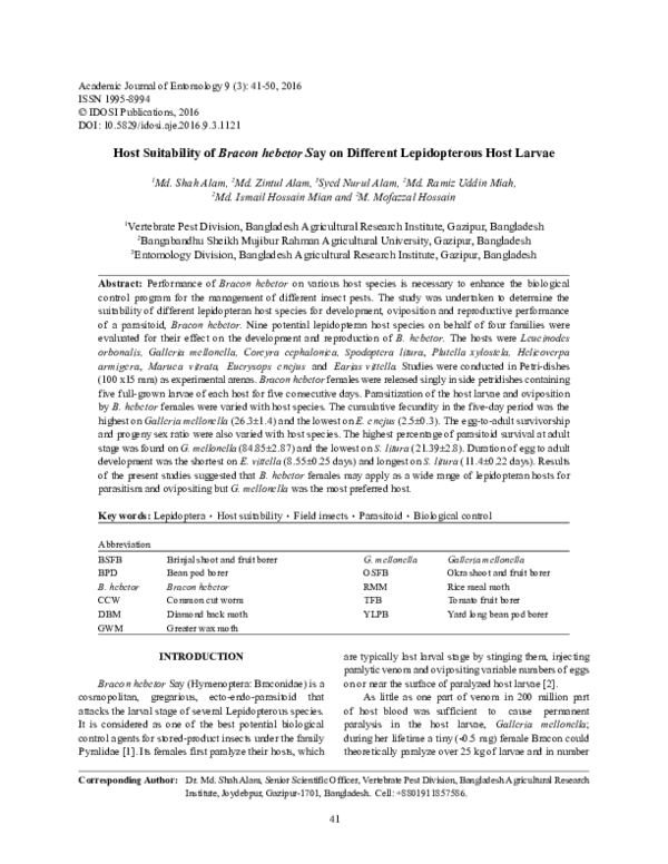 (PDF) Host Suitability of Bracon hebetor S ay on Different ...