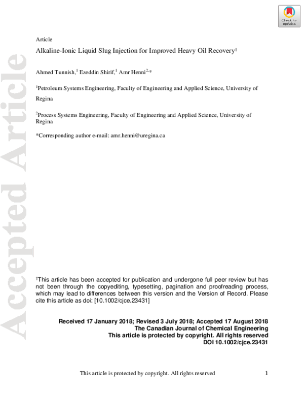 (PDF) Alkaline‐ionic liquid slug injection for improved heavy oil recovery