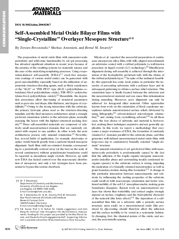 (PDF) Self-Assembled Metal Oxide Bilayer Films with “Single-Crystalline ...