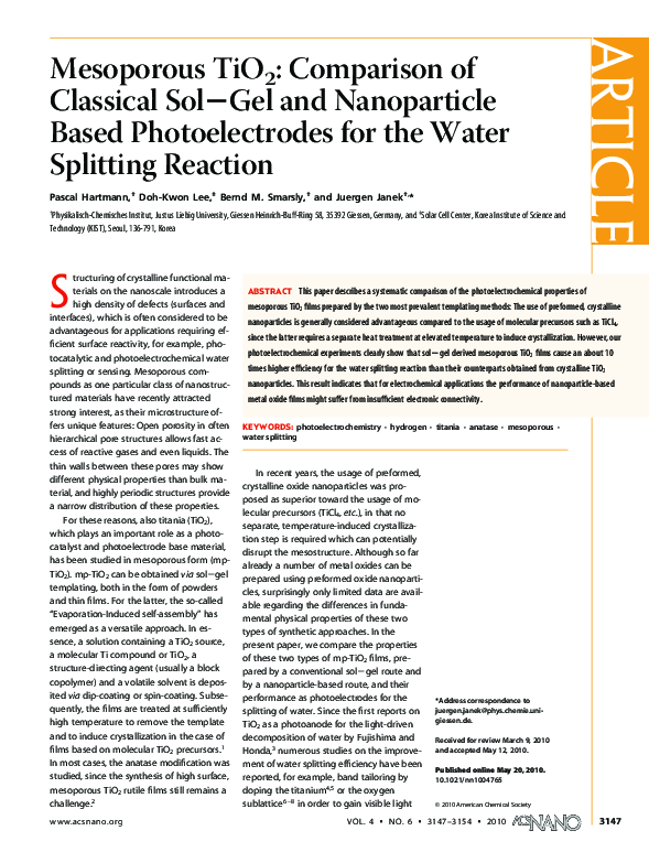 (PDF) Mesoporous TiO2: Comparison of Classical Sol−Gel and Nanoparticle Based Photoelectrodes ...