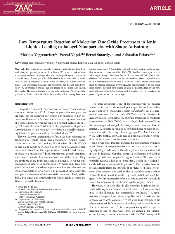 (PDF) Low Temperature Reaction of Molecular Zinc Oxide Precursors in ...