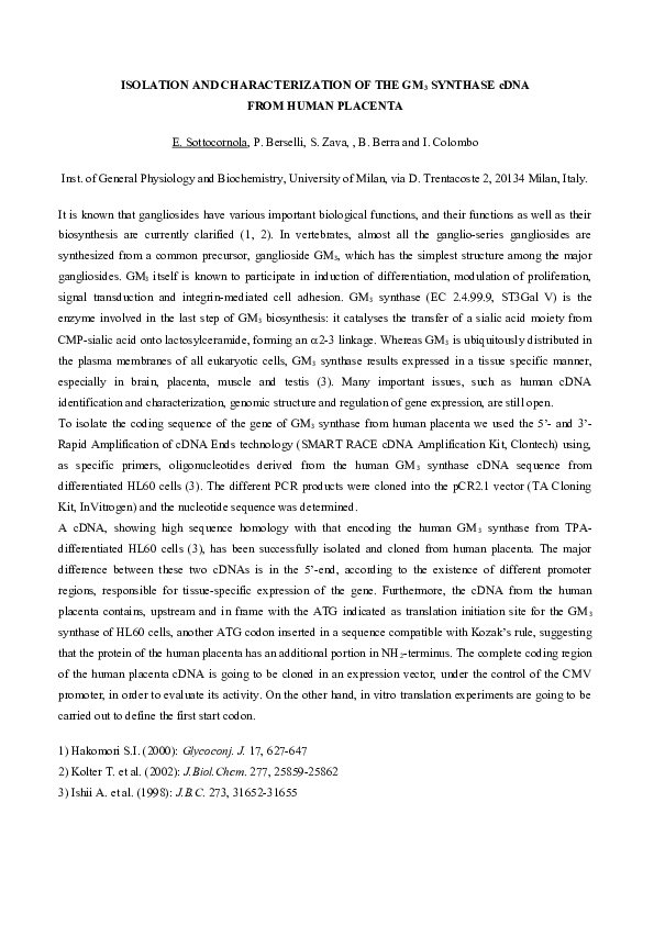 (DOC) ISOLATION AND CHARACTERIZATION OF THE GM3 SYNTHASE cDNA FROM HUMAN PLACENTA