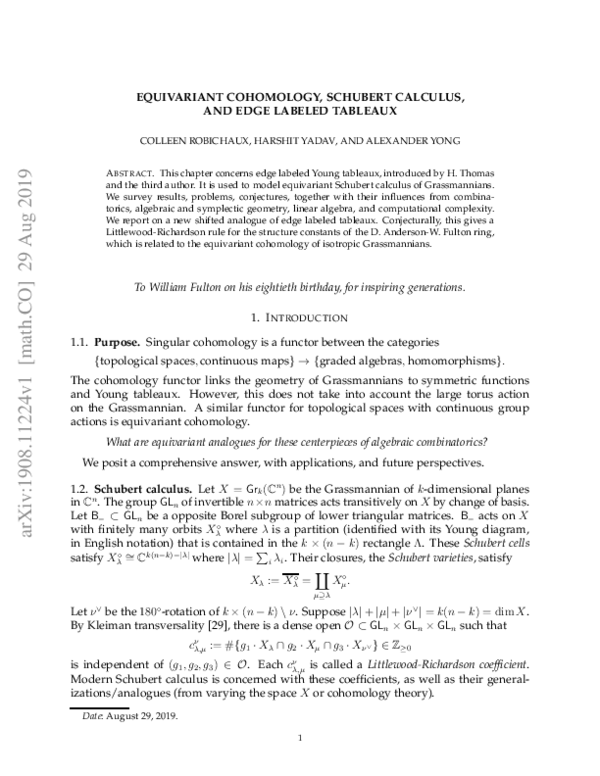 (PDF) Equivariant Cohomology, Schubert Calculus, and Edge Labeled Tableaux | Harshit Yadav ...