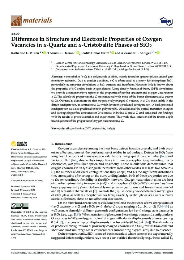 (PDF) Difference in Structure and Electronic Properties of Oxygen Vacancies in α-Quartz and α ...