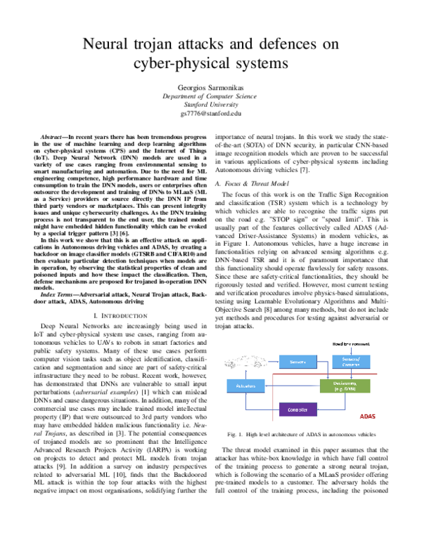 (PDF) Neural trojan attacks and defences on cyber-physical systems