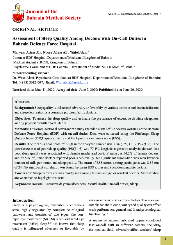 (PDF) Assessment of Sleep Quality Among Doctors with On-Call Duties in ...