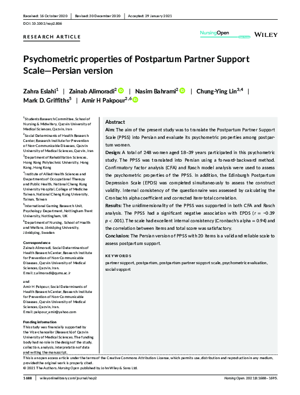 (PDF) Psychometric properties of Postpartum Partner Support Scale ...