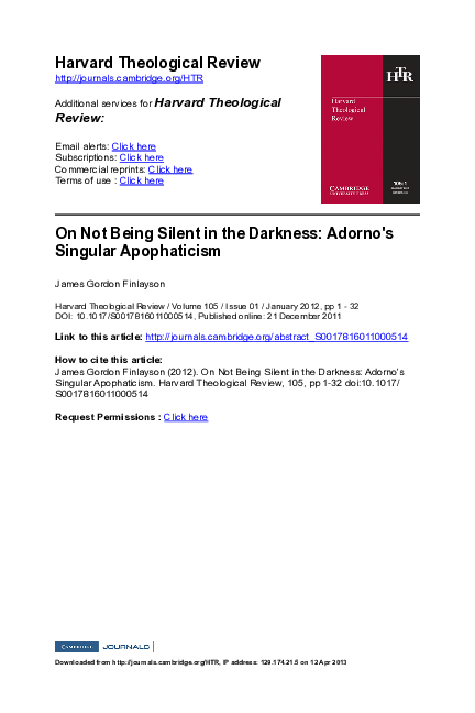 (PDF) On Not Being Silent in the Darkness: Adorno's Singular Apophaticism