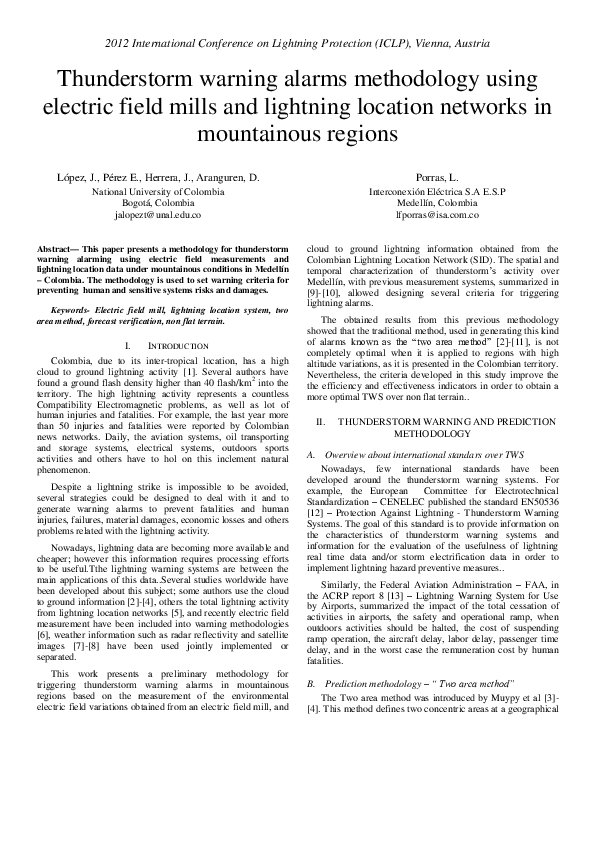 Thunderstorm warning alarms methodology using electric field mills and ...