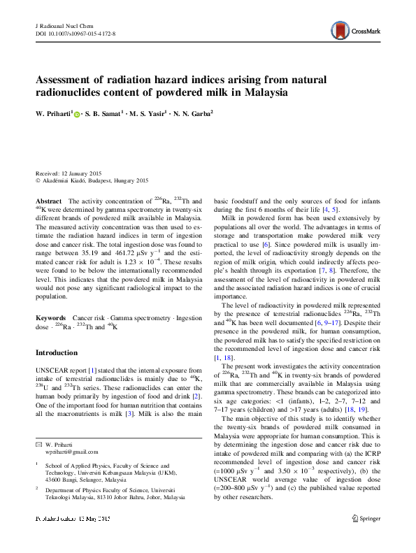 (PDF) Assessment of radiation hazard indices arising from natural radionuclides content of ...