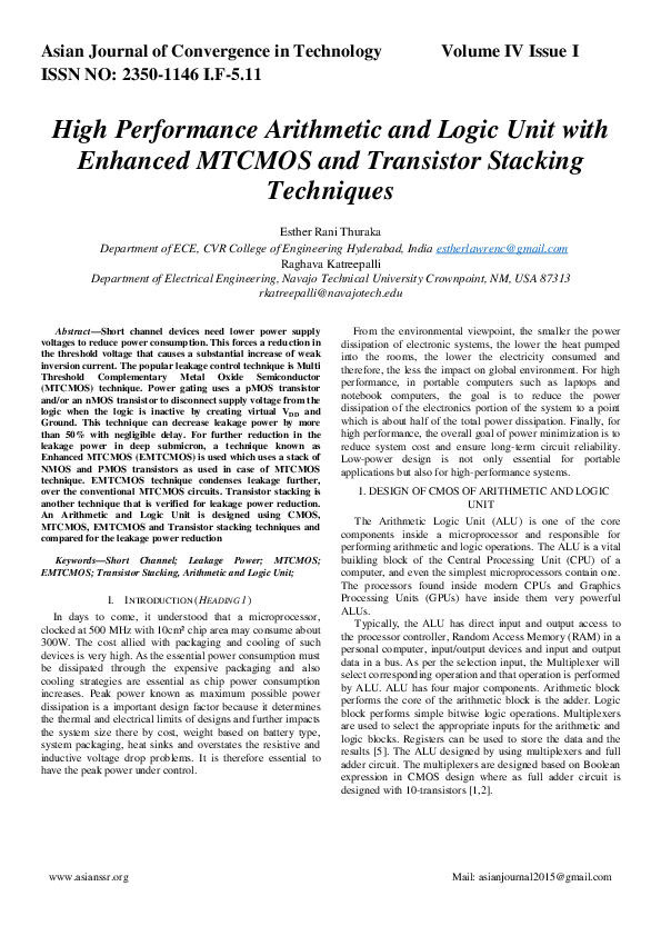 (PDF) High Performance Arithmetic and Logic Unit with Enhanced MTCMOS and Transistor Stacking ...