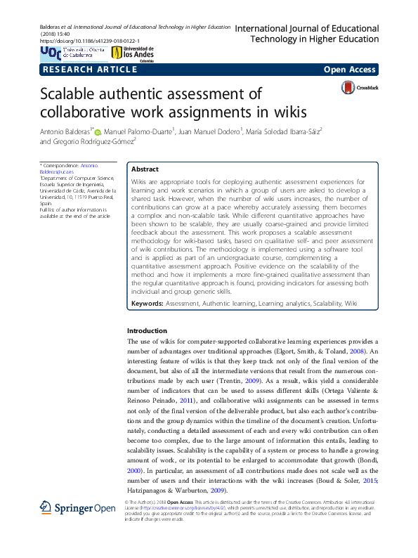 (PDF) Scalable authentic assessment of collaborative work assignments in wikis