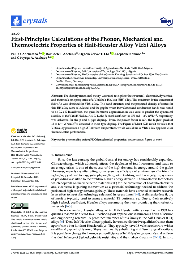 (PDF) First-principles calculations of the phonon, mechanical and Thermoelectric properties of ...