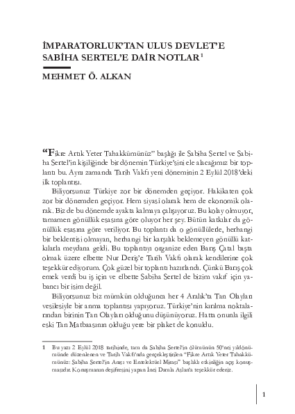 (PDF) İmparatorluk'tan Ulus Devlet'e Sabiha Sertel'e Dair Notlar