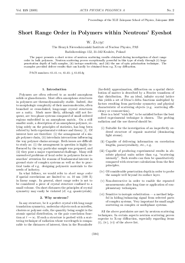(PDF) Short Range Order in Polymers within Neutrons' Eyeshot