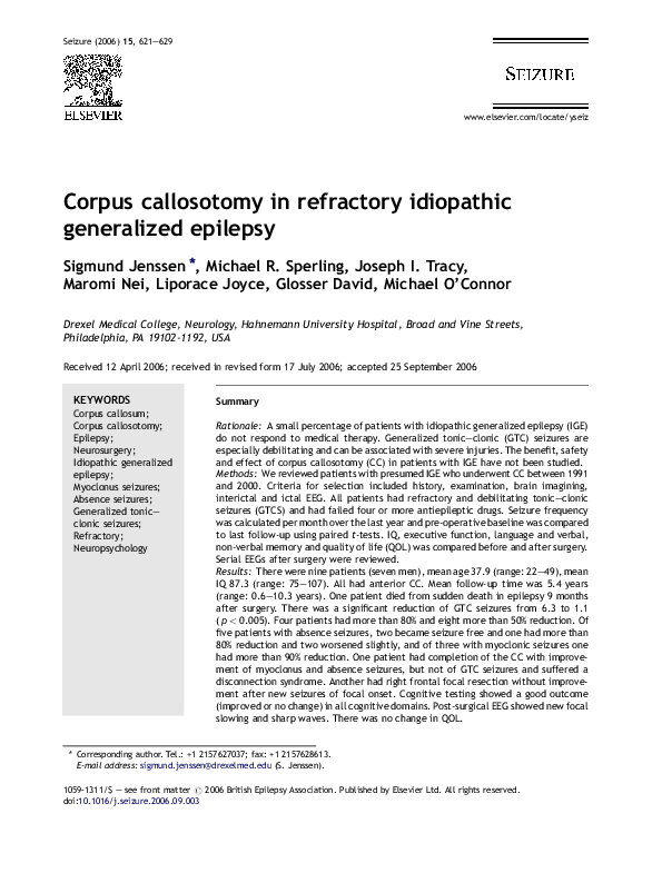 (PDF) Corpus callosotomy in refractory idiopathic generalized epilepsy