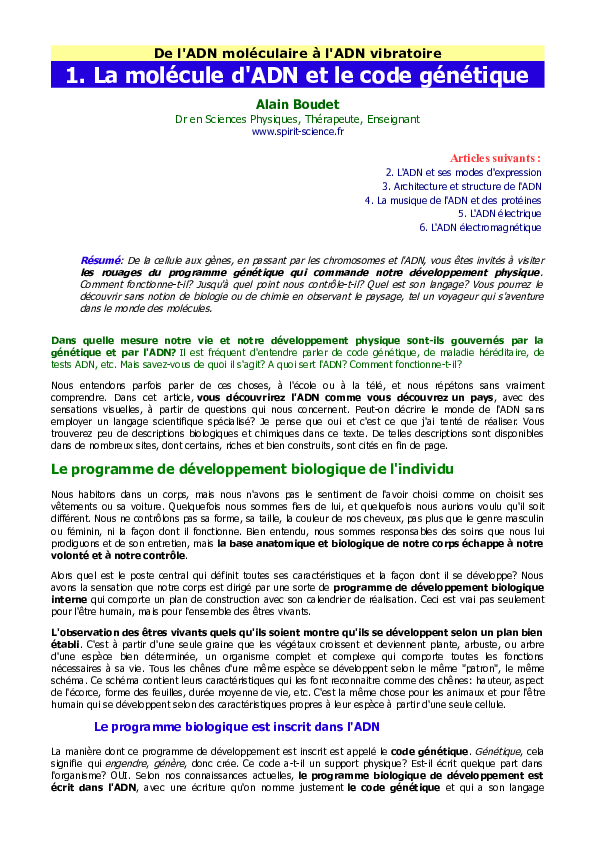 (PDF) De l'ADN moléculaire à l'ADN vibratoire 1. La molécule d'ADN et le code génétique