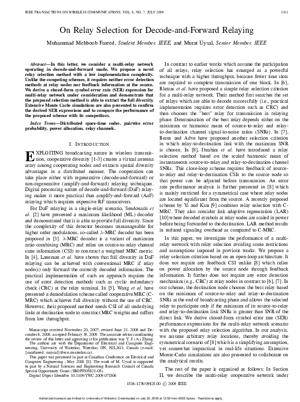 (PDF) On relay selection for decode-and-forward relaying