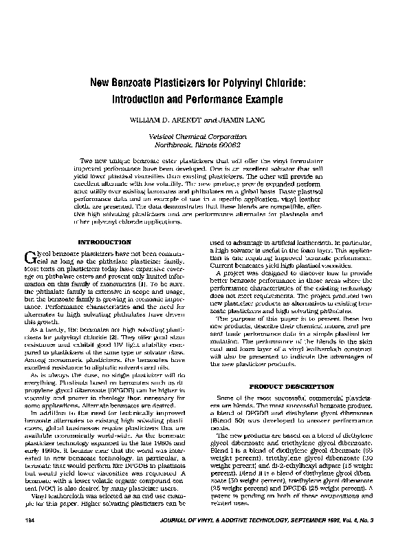 (PDF) New benzoate plasticizers for polyvinyl chloride: Introduction and performance example