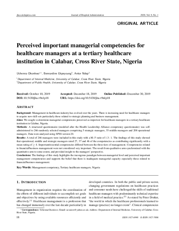 (PDF) Perceived important managerial competencies for healthcare managers at a tertiary ...
