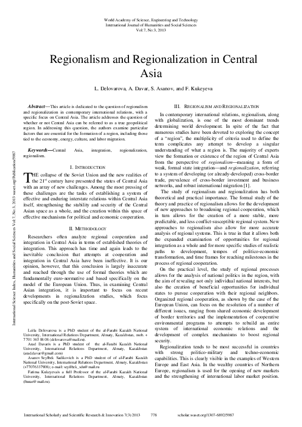 (PDF) Regionalism And Regionalization In Central Asia