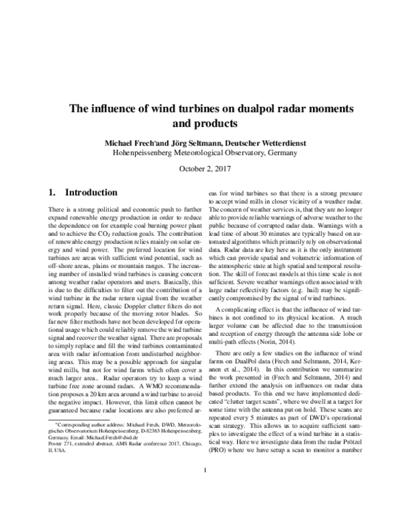 (PDF) The influence of wind turbines on dualpol radar moments and products