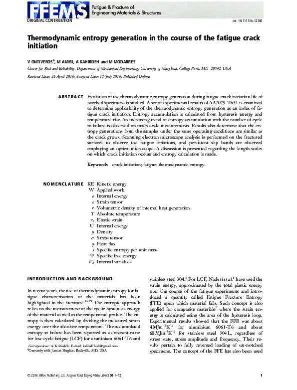 (PDF) Thermodynamic entropy generation in the course of the fatigue ...