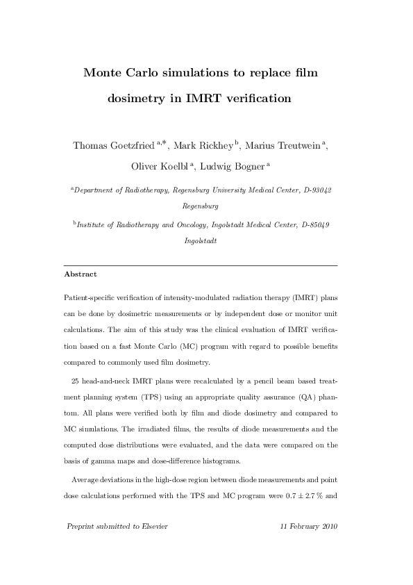 (PDF) Monte Carlo simulations to replace film dosimetry in IMRT verification
