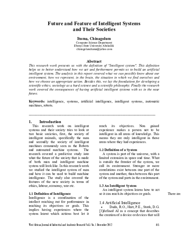 (PDF) Future and Feature of Intelligent Systems and Their Societies