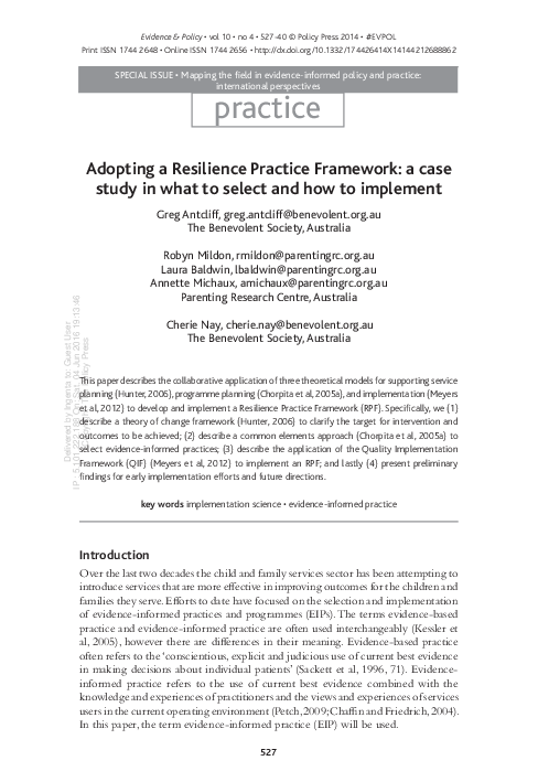 (PDF) Adopting a Resilience Practice Framework: a case study in what to select and how to implement
