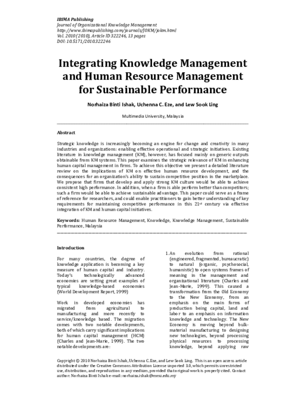 (PDF) Integrating Knowledge Management and Human Resource Management for Sustainable Performance