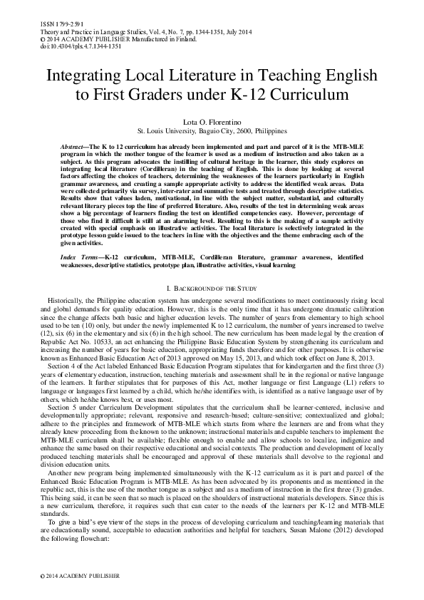 (PDF) Integrating Local Literature in Teaching English to First Graders ...