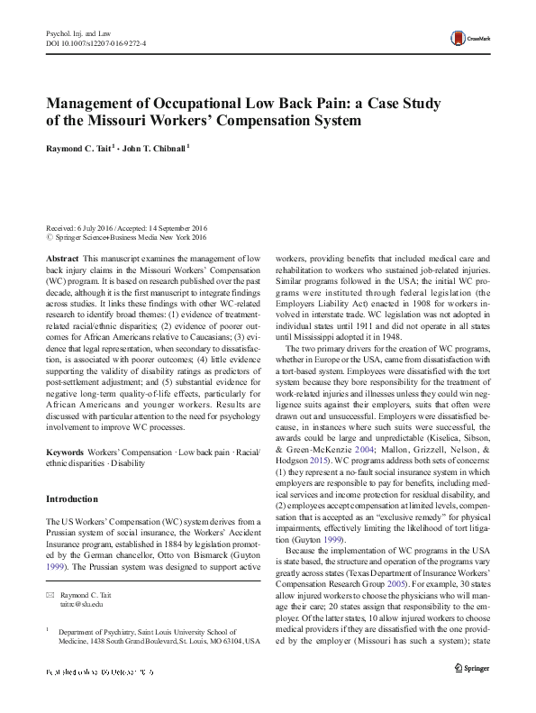(PDF) Management of Occupational Low Back Pain: a Case Study of the Missouri Workers ...