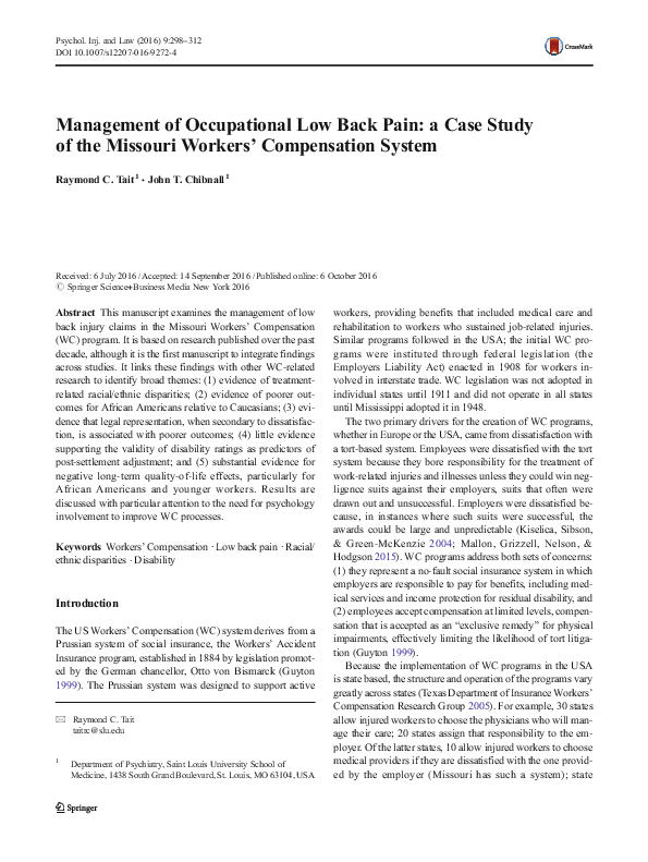 (PDF) Management of Occupational Low Back Pain: a Case Study of the ...