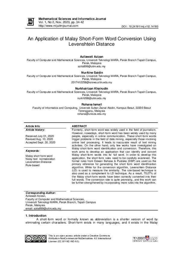 (PDF) An Application of Malay Short-Form Word Conversion Using ...