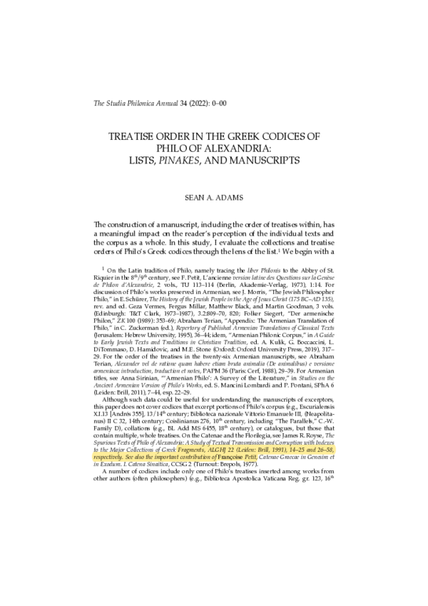 (PDF) TREATISE ORDER IN THE GREEK CODICES OF PHILO OF ALEXANDRIA: LISTS ...