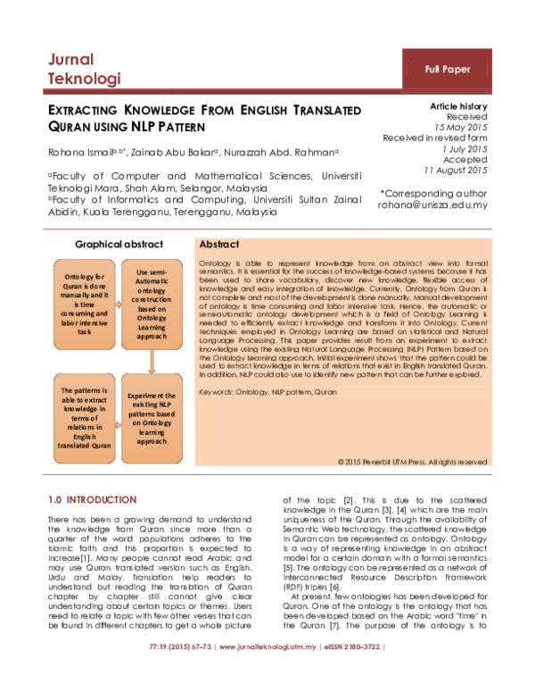 (PDF) Extracting Knowledge from English Translated Quran Using NLP Pattern