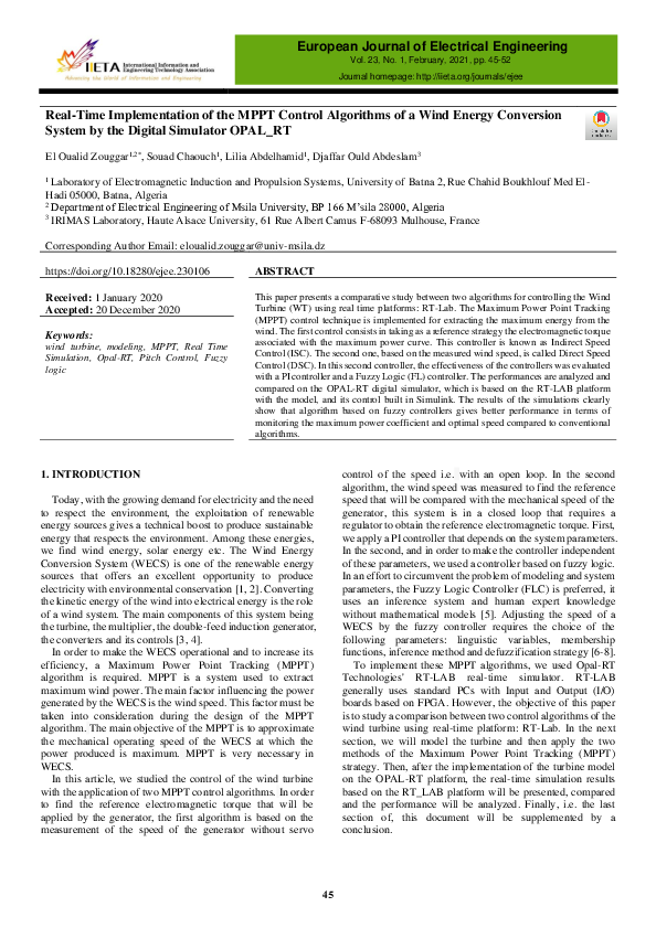 Pdf Real Time Implementation Of The Mppt Control Algorithms Of A Wind 