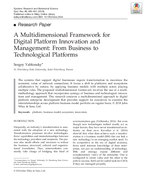 (PDF) A Multidimensional Framework for Digital Platform Innovation and ...