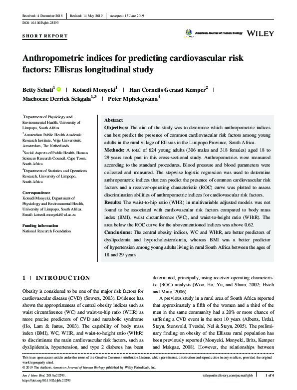 (PDF) Anthropometric indices for predicting cardiovascular risk factors: Ellisras longitudinal study