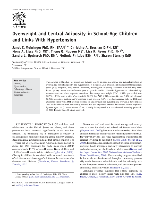 (PDF) Overweight and Central Adiposity in School-Age Children and Links With Hypertension