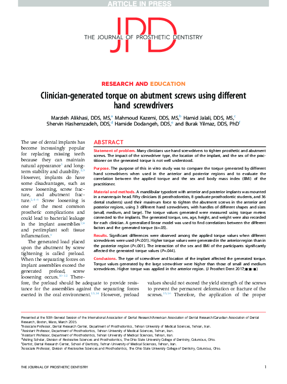 (PDF) Clinician-generated torque on abutment screws using different ... (PDF) Clinician-generated torque on abutment screws using different ...