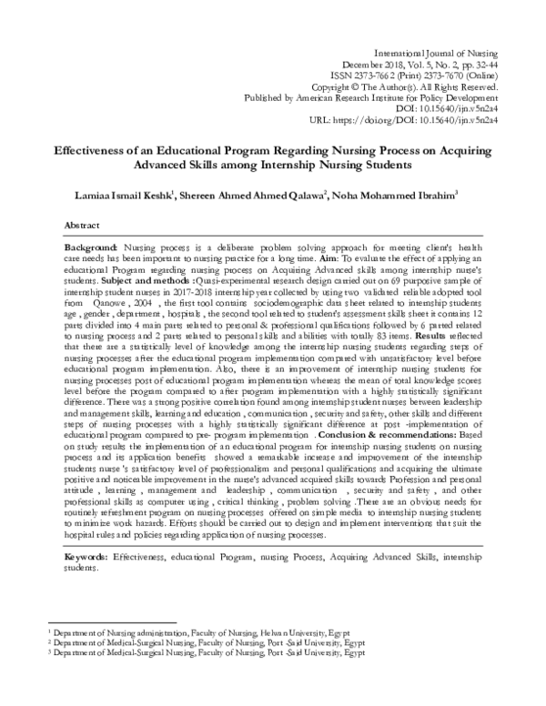 (PDF) Effectiveness of an Educational Program Regarding Nursing Process on Acquiring Advanced ...