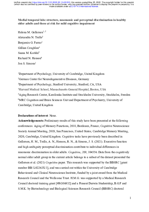 (PDF) Medial temporal lobe structure, mnemonic and perceptual discrimination in healthy older ...