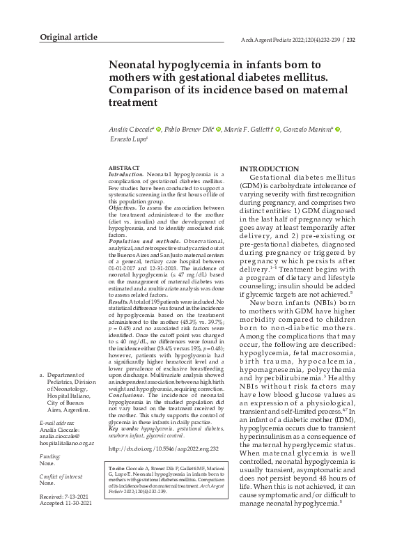 (PDF) Neonatal hypoglycemia in infants born to mothers with gestational ...