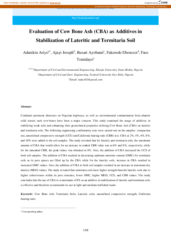 (PDF) Evaluation of Cow Bone Ash (CBA) as Additives in Stabilization of ...