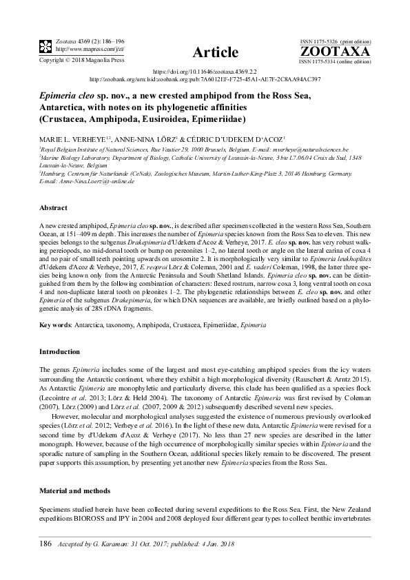 (PDF) Epimeria cleo sp. nov., a new crested amphipod from the Ross Sea ...