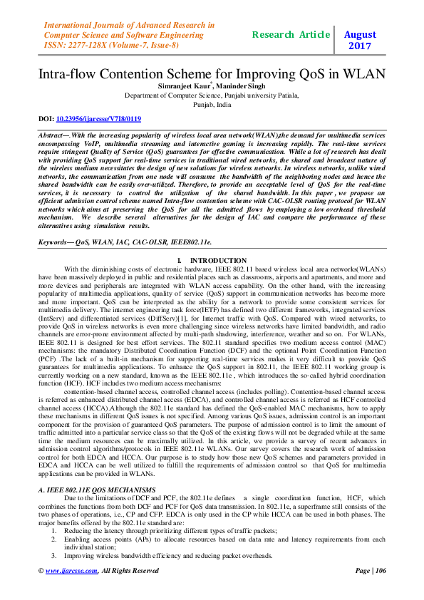 Pdf Intra Flow Contention Scheme For Improving Qos In Wlan
