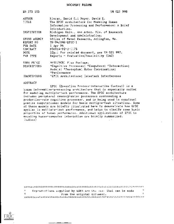 (PDF) The EPIC Architecture for Modeling Human Information-Processing ...