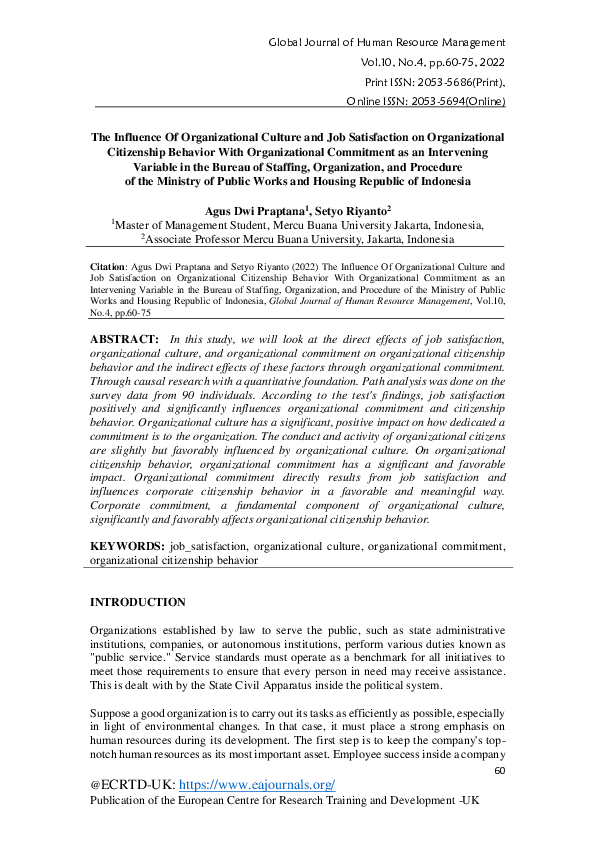 (PDF) The Influence Of Organizational Culture and Job Satisfaction on Organizational Citizenship ...